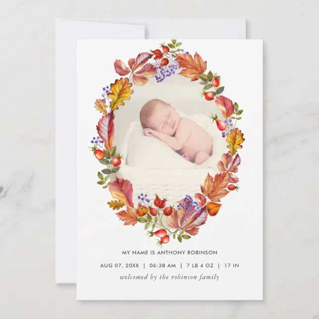 Autumn - Fall Watercolor Leaves Birth Announcement | Zazzle