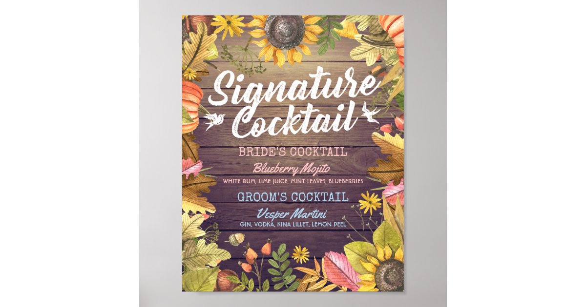 Autumn Fall Wedding Signature Cocktail Drink Menu Poster | Zazzle.com