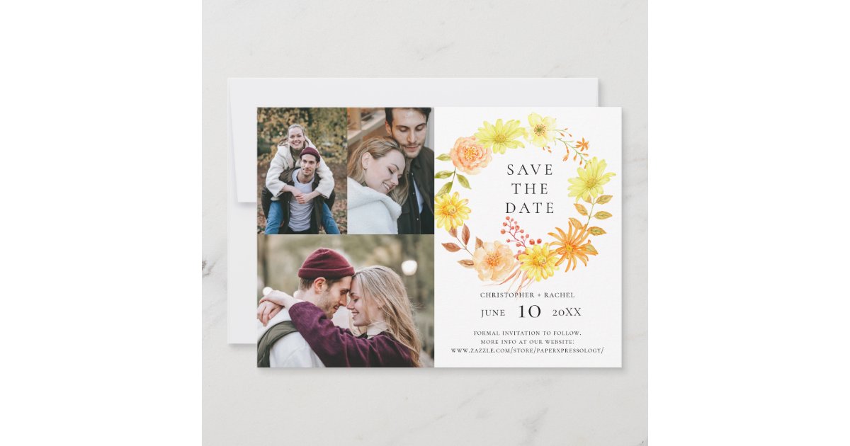 Autumn Fall Wreath 3 Photos Save the Date Invitation | Zazzle