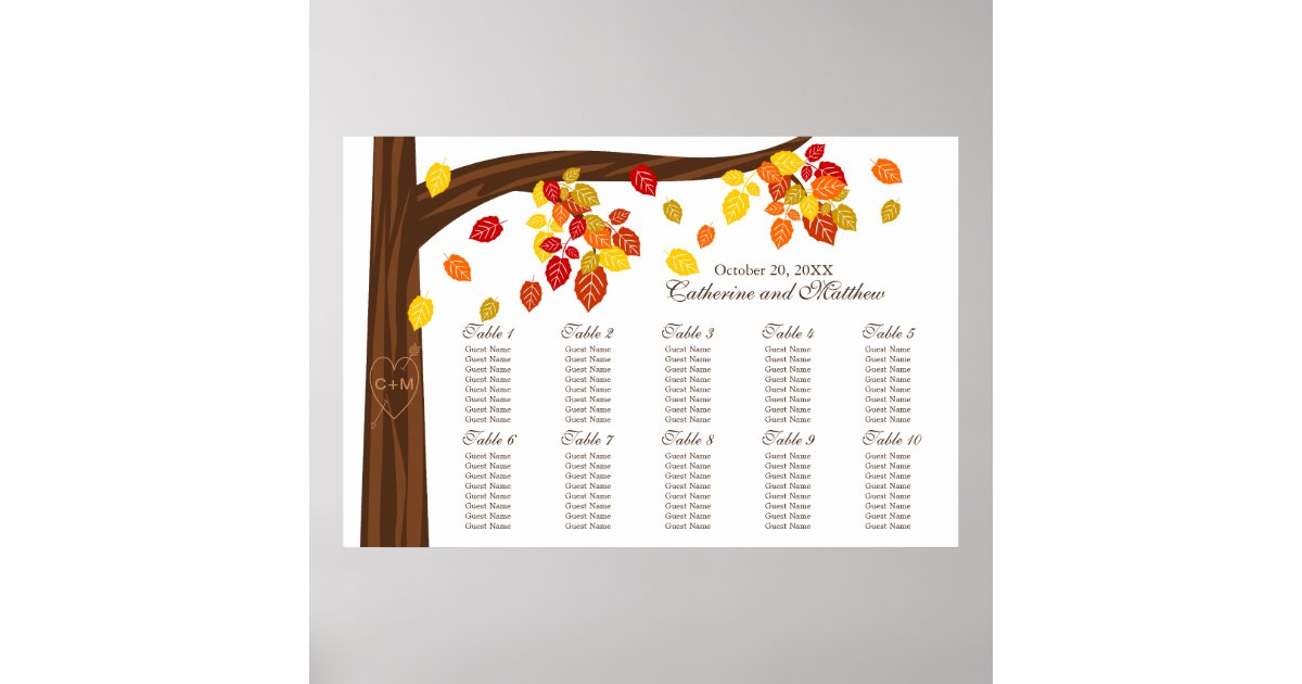 Autumn Falling Leaves Wedding Seating Chart | Zazzle