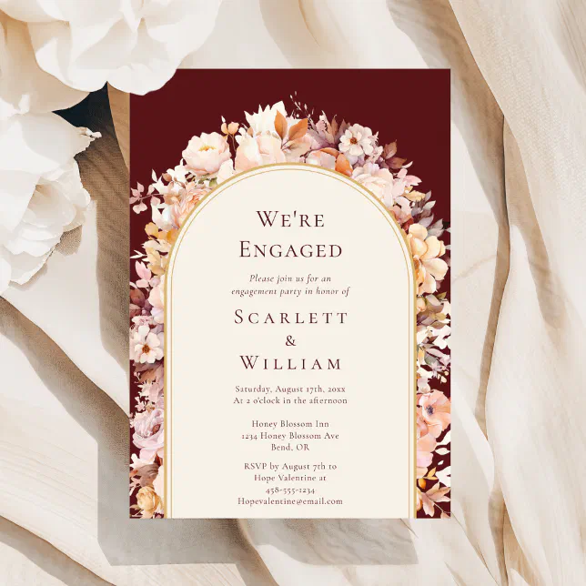 Autumn Floral Burgundy Cream Arch We're Engaged Invitation | Zazzle