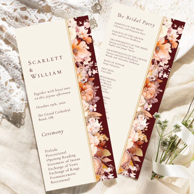 Autumn Floral Burgundy Cream Modern Wedding Program | Zazzle