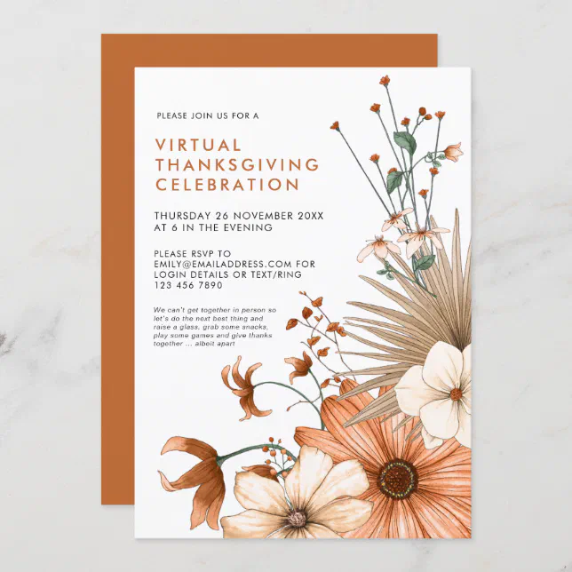 Autumn Floral Foliage Virtual Thanksgiving Dinner Invitation | Zazzle
