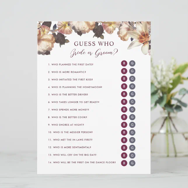 Autumn Floral Guess Who Bride or Groom Shower Game Invitation | Zazzle