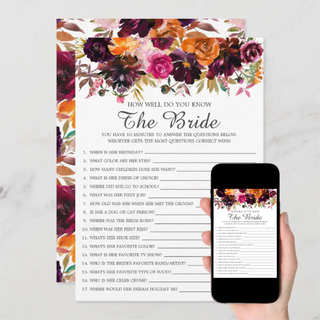 Autumn Floral How Well Do You Know The Bride Game Invitation | Zazzle