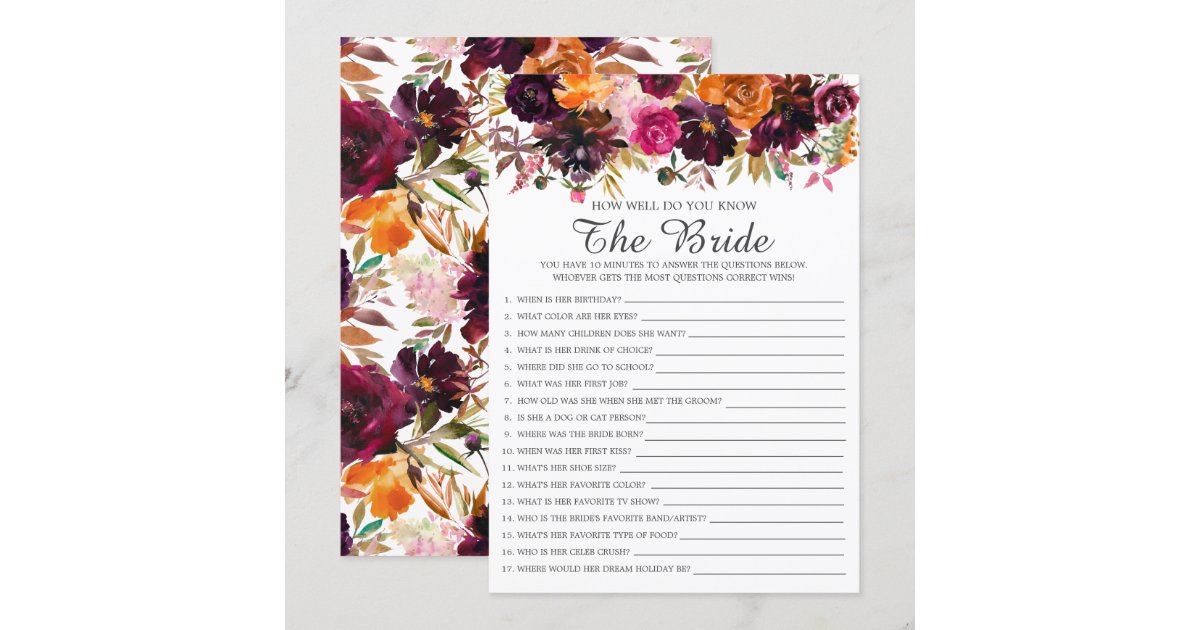 Autumn Floral How Well Do You Know The Bride Game Invitation | Zazzle
