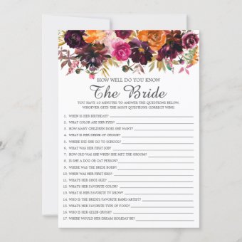 Autumn Floral How Well Do You Know The Bride Game Invitation | Zazzle