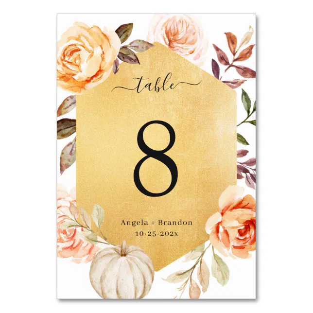 Autumn Floral Luxurious Gold Look Fall Wedding Table Number | Zazzle