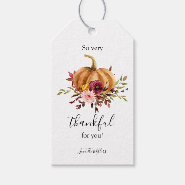 Autumn Floral Pumpkin Thankful Tag | Zazzle