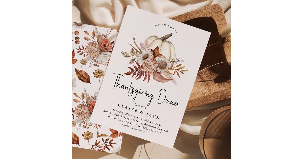 Autumn Floral Pumpkin Thanksgiving Dinner Invitation | Zazzle