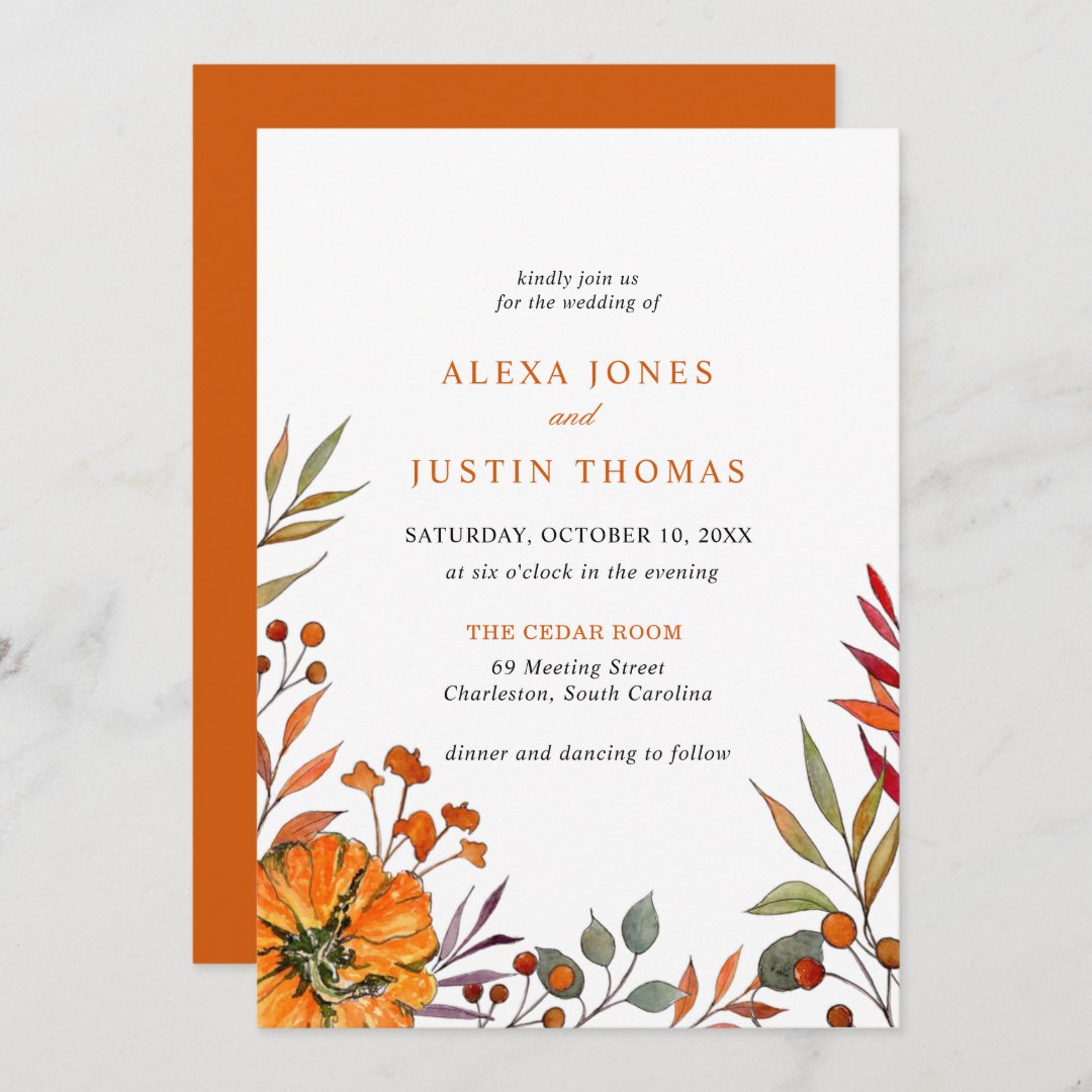 Autumn floral pumpkin Wedding invitation | Zazzle