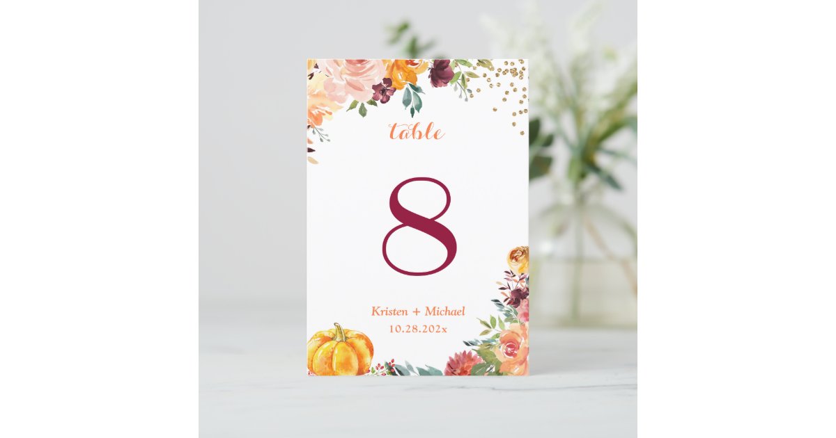 Autumn Floral Pumpkin Wedding Table Number | Zazzle
