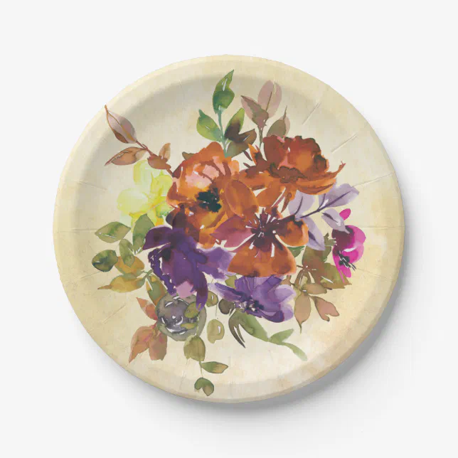 Autumn Floral Purple Blue Burnt Orange Watercolor Paper Plates | Zazzle