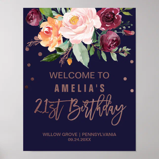 Autumn Floral Rose Gold 21st Birthday Welcome Poster | Zazzle