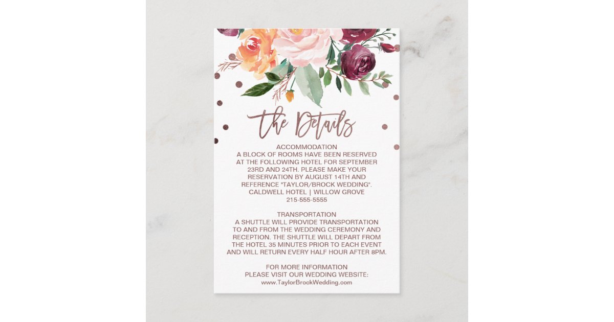 Autumn Floral Rose Gold Light Details Insert Card | Zazzle