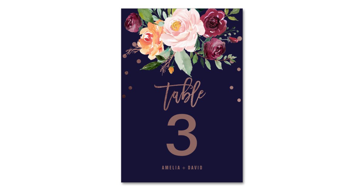 Autumn Floral Rose Gold Table Number | Zazzle.com