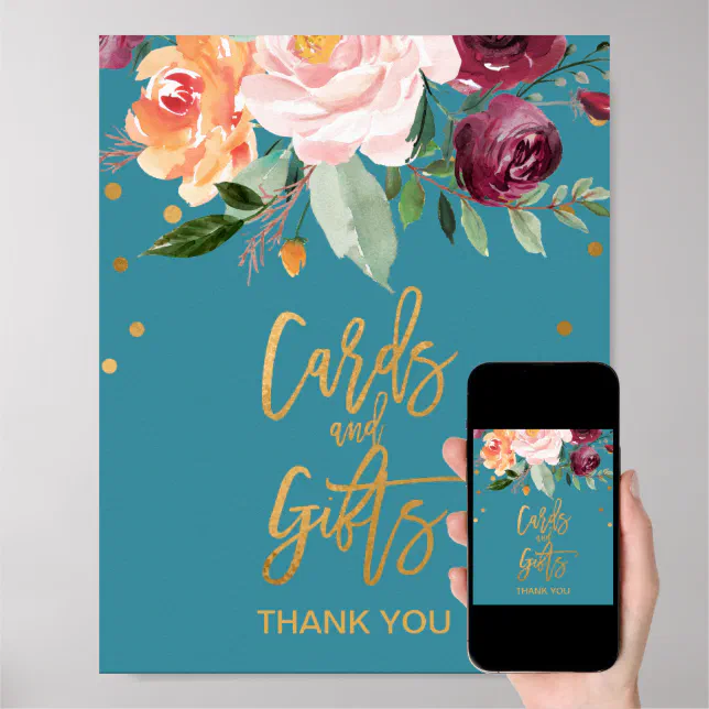 Autumn Floral | Teal Cards and Gifts Sign | Zazzle