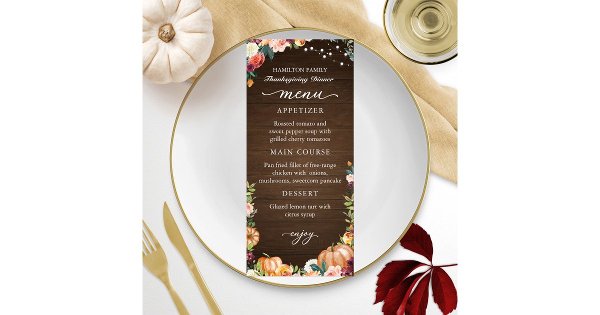 Autumn Floral Thanksgiving Dinner Menu Card | Zazzle