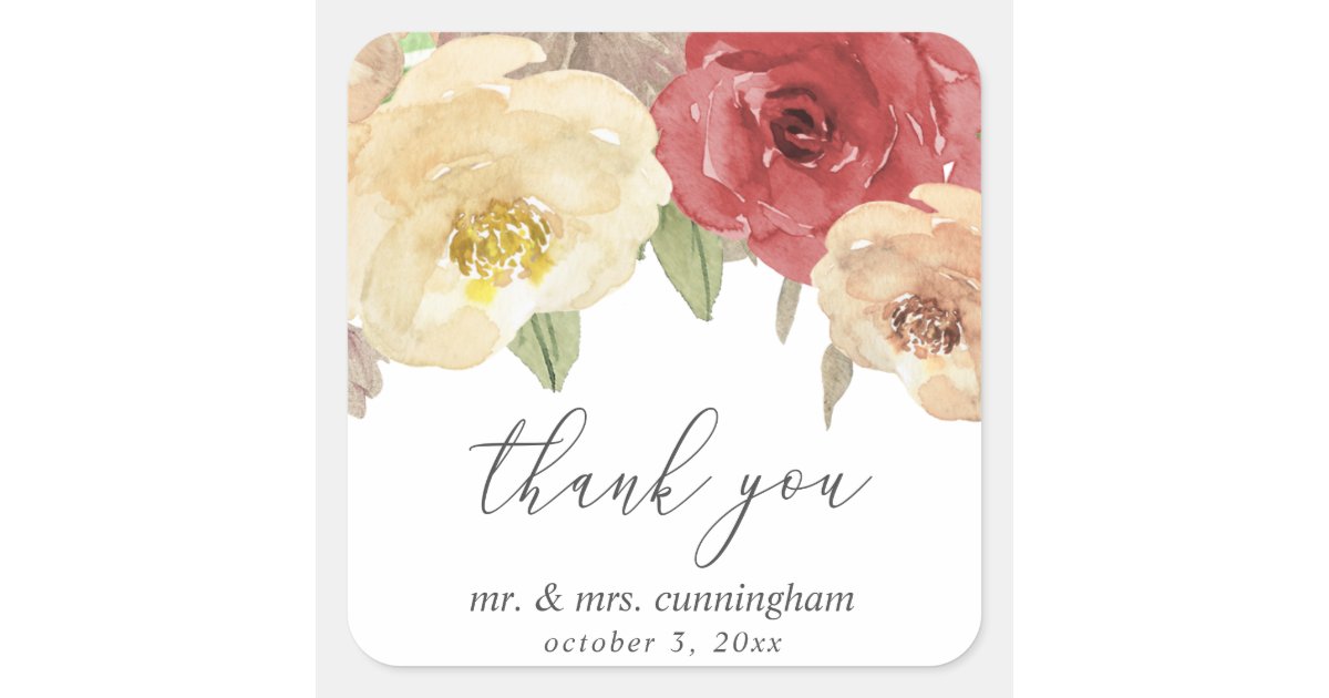 Autumn Floral Wedding Favor Thank You Square Sticker | Zazzle