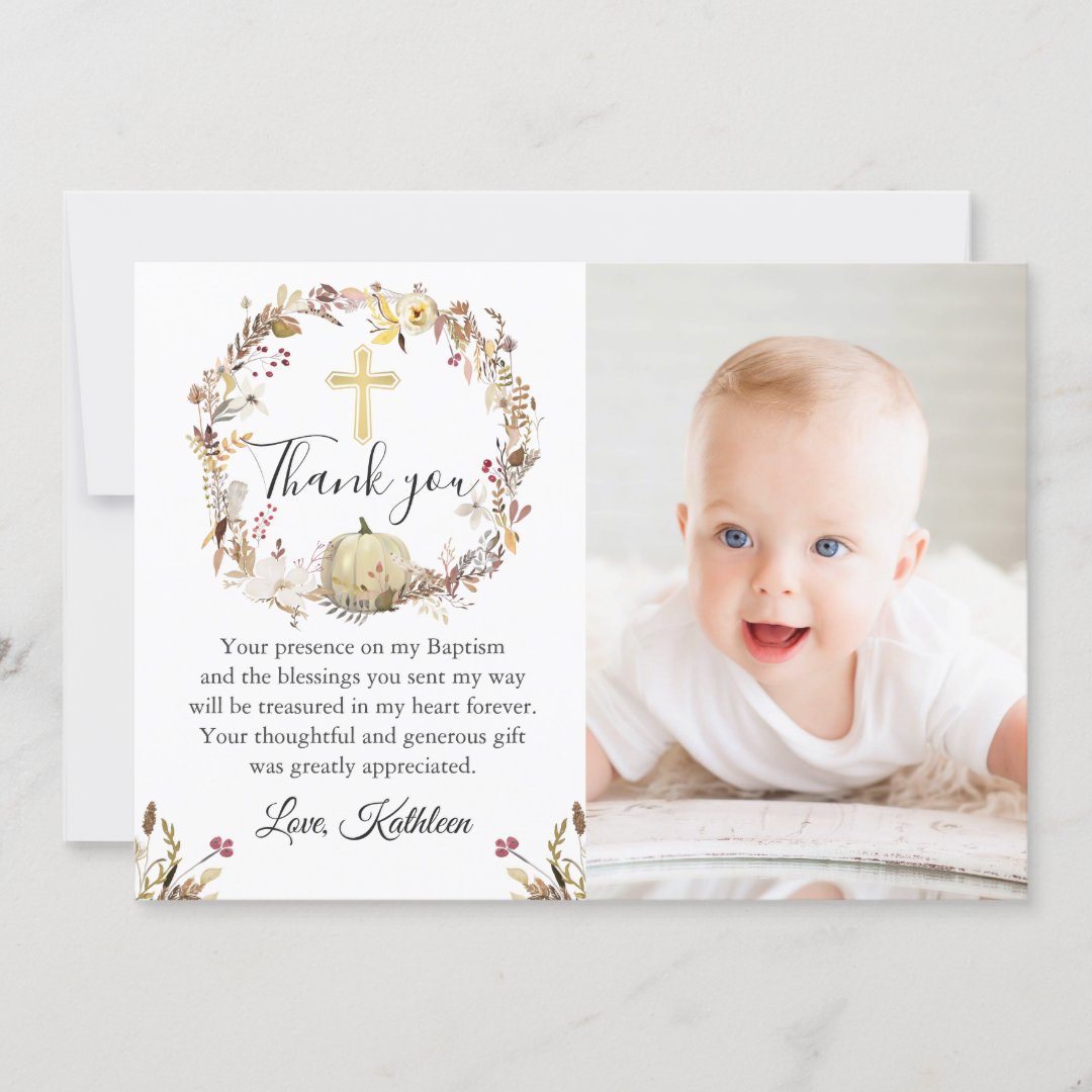 Autumn Floral Wreath Baptism Photo Thank you Card | Zazzle