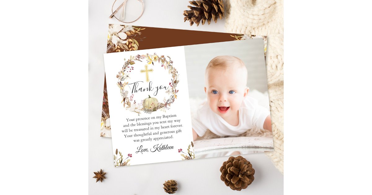 Autumn Floral Wreath Baptism Photo Thank you Card | Zazzle