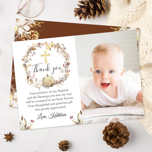 Autumn Floral Wreath Baptism Photo Thank you Card | Zazzle