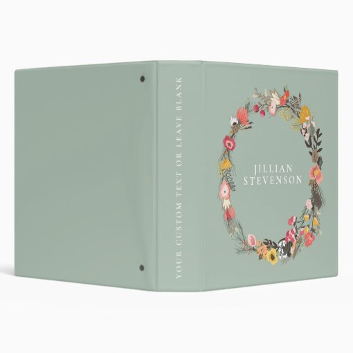 Autumn Floral Wreath on Sage Green with Name 3 Ring Binder | Zazzle