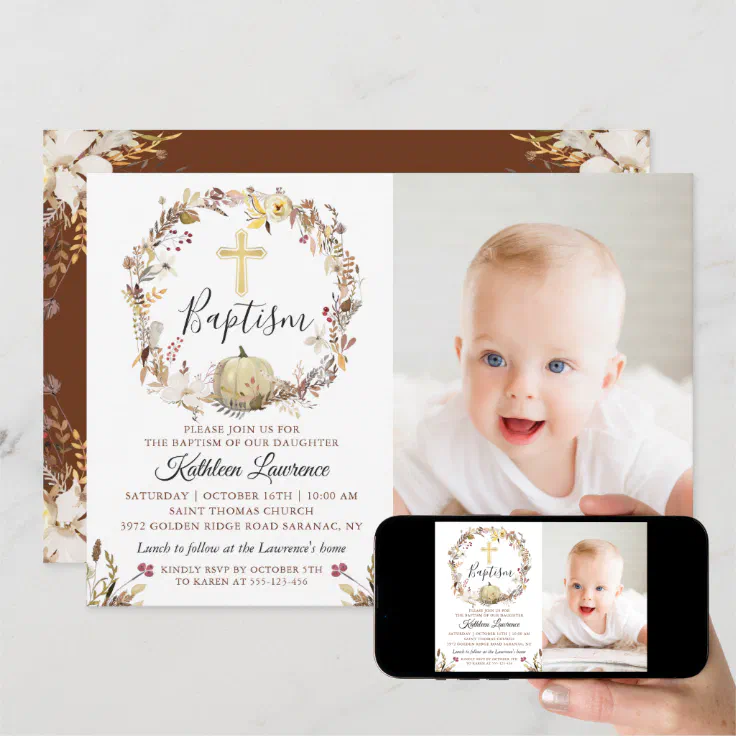 Autumn Floral Wreath Pumpkin Fall Baptism Photo Invitation | Zazzle