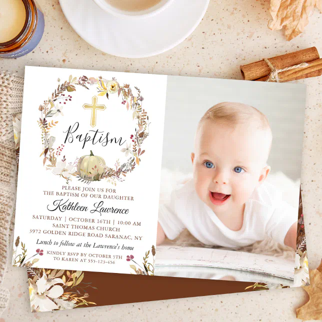 Autumn Floral Wreath Pumpkin Fall Baptism Photo Invitation | Zazzle