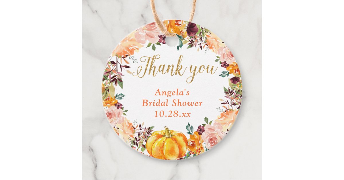 Autumn Floral Wreath Pumpkin Gold Thank You Favor Tags | Zazzle