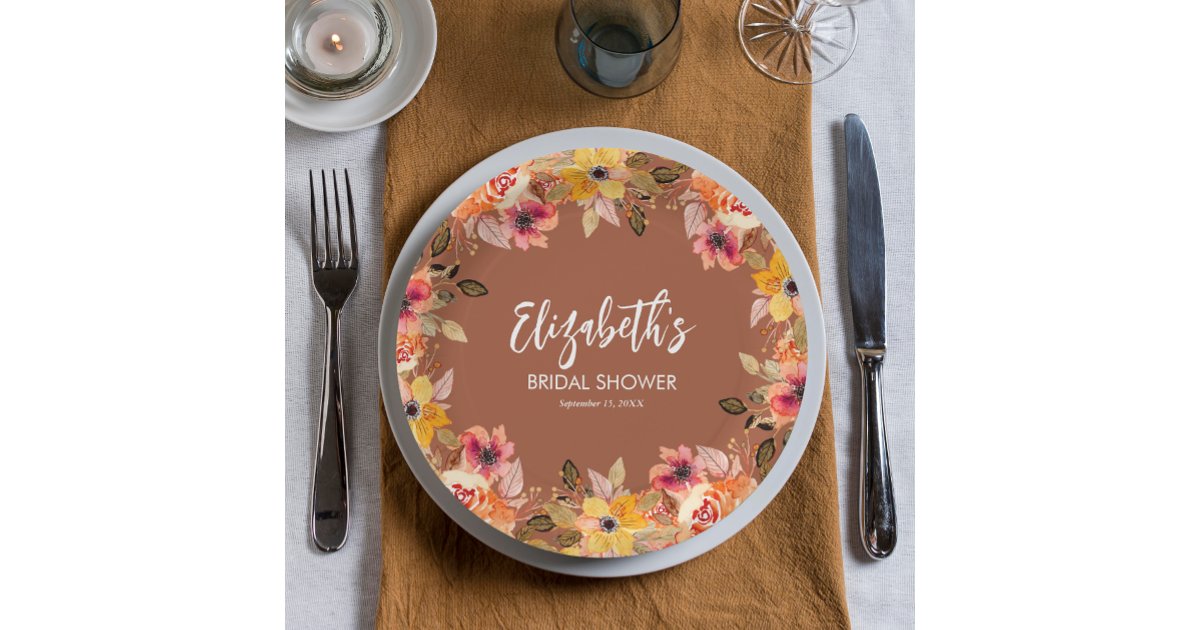 Autumn Flowers Bridal Shower Terracotta Paper Plates | Zazzle