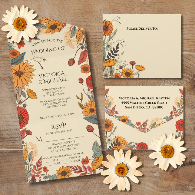 Autumn flowers Fall Wedding All In One Invitation | Zazzle