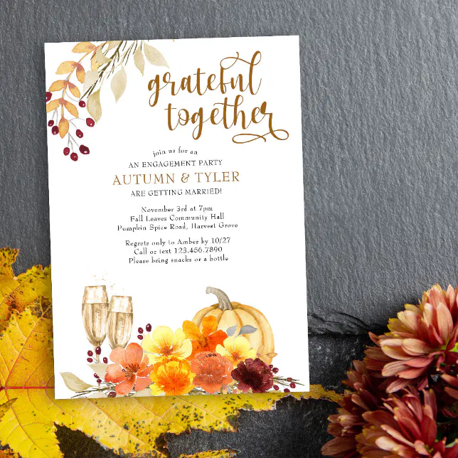 Autumn Flowers Grateful Together Engagement Party Invitation | Zazzle