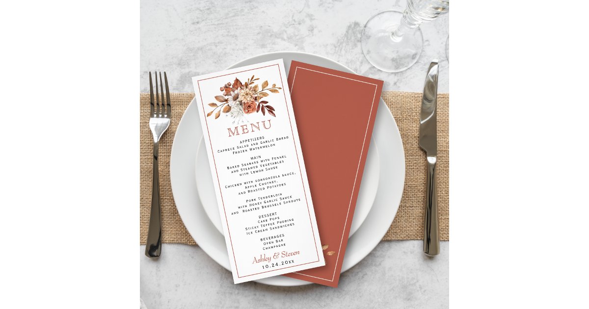 Autumn flowers, leaves border wedding menu card | Zazzle