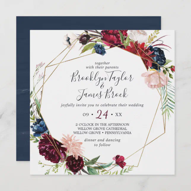 Autumn Garden | Burgundy Geometric Square Wedding Invitation | Zazzle