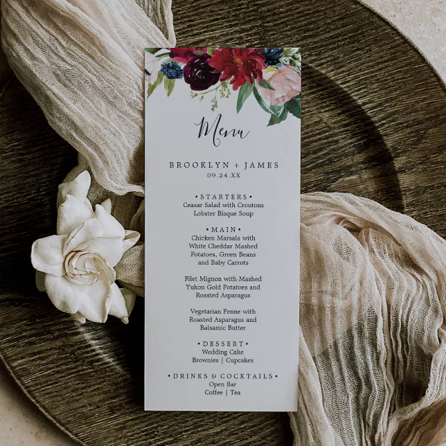 Autumn Garden | Burgundy Wedding Dinner Menu | Zazzle