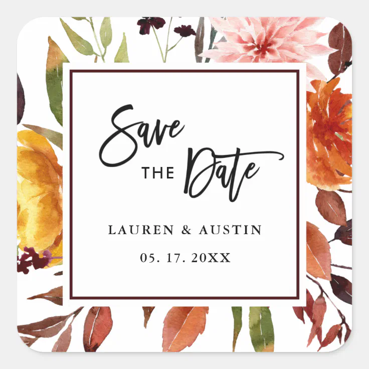 Autumn Garden Watercolor Wedding Square Sticker | Zazzle