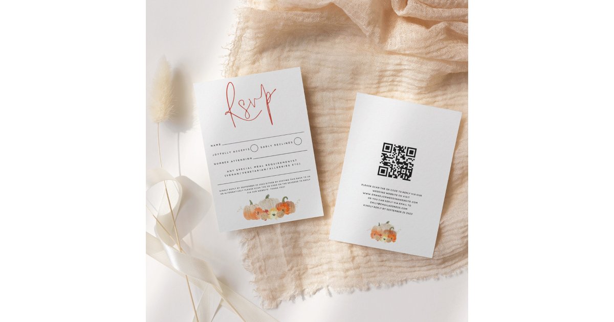 Autumn Glittery Pumpkins Florals Script QR Code RSVP Card | Zazzle