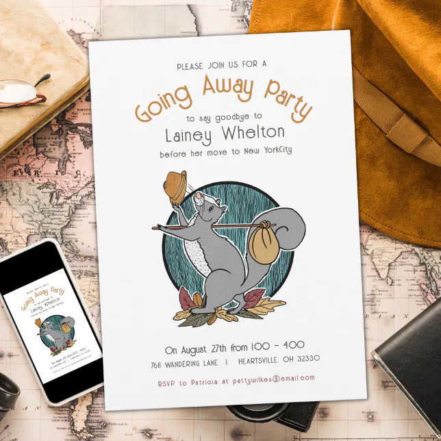 Autumn Going Away Party Travelling Squirrel Invitation | Zazzle