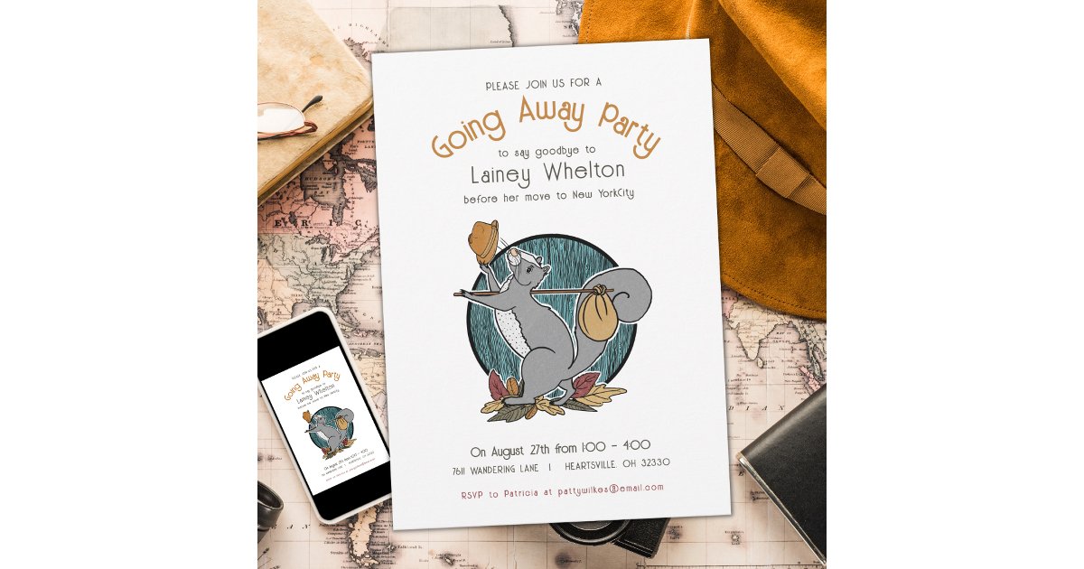 Autumn Going Away Party Travelling Squirrel Invitation | Zazzle