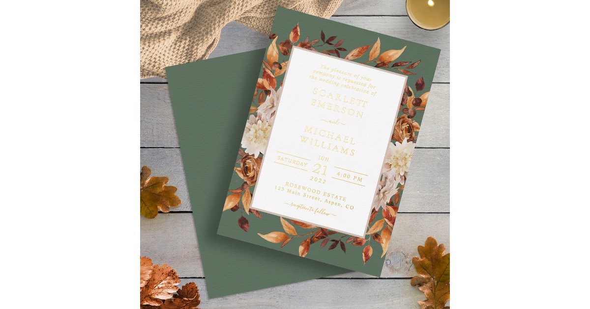 Autumn Green Wedding Foil Invitation | Zazzle