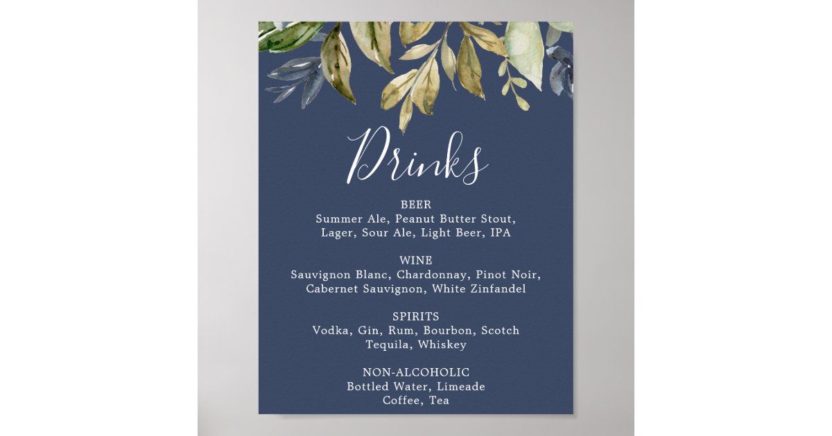 Autumn Greenery | Navy Wedding Drinks Menu Sign | Zazzle