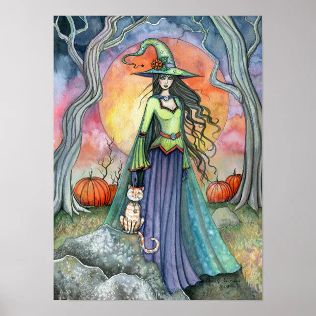 Autumn Halloween Witch Cat Art Poster Print | Zazzle