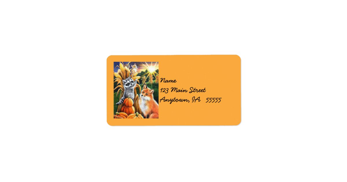 Autumn Harvest Corn Red Fox Raccoon Watercolor Art Label | Zazzle