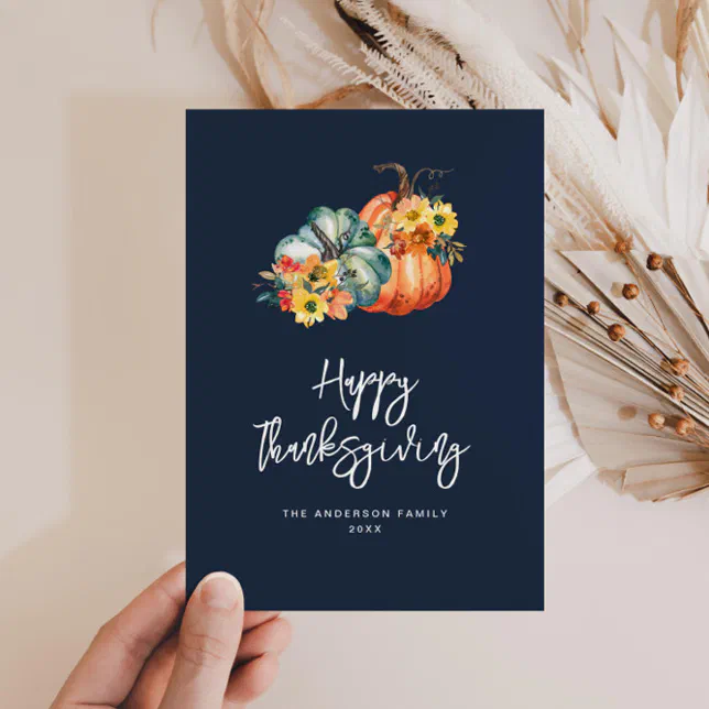autumn harvest navy blue thanksgiving holiday card | Zazzle