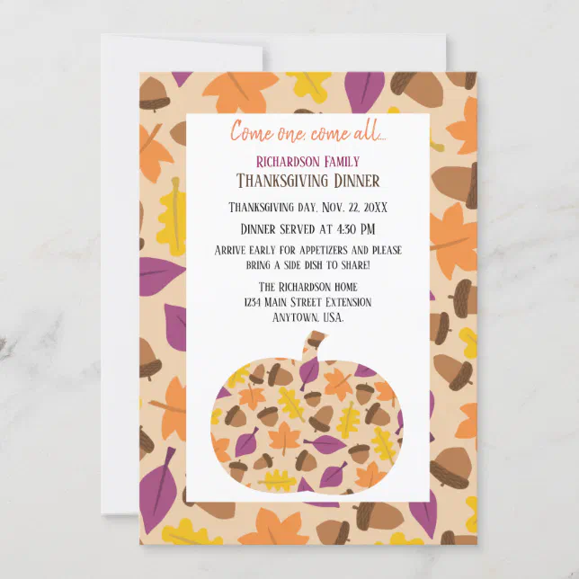 Autumn Leaf and Acorn Pumpkin Thanksgiving Dinner Holiday Card | Zazzle