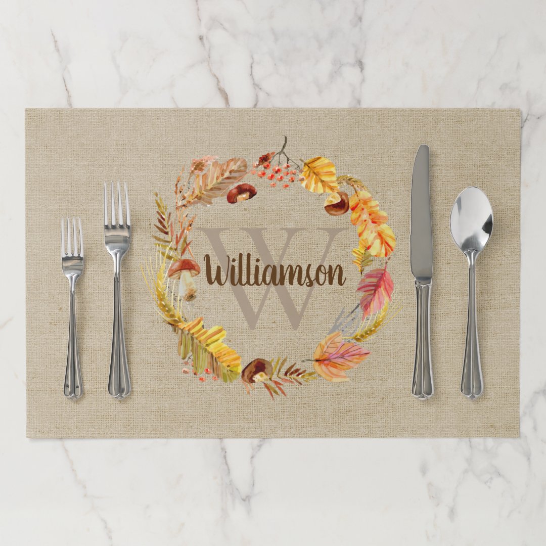 Autumn Leaf Wreath Custom Monogram Thanksgiving Paper Placemat | Zazzle