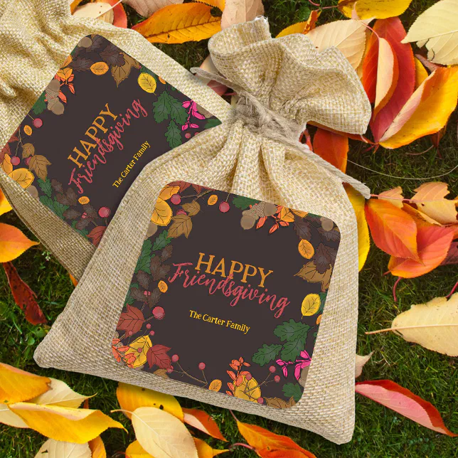 Autumn Leaves Acorns Berries Happy Friendsgiving Square Sticker | Zazzle
