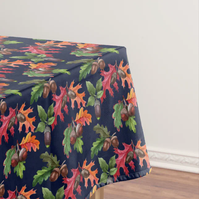 Autumn Leaves and Acorn Pattern on Blue Tablecloth | Zazzle