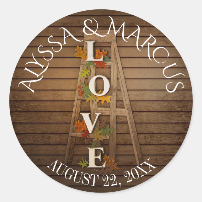 Autumn Leaves and Ladder Rustic Wedding Classic Round Sticker | Zazzle